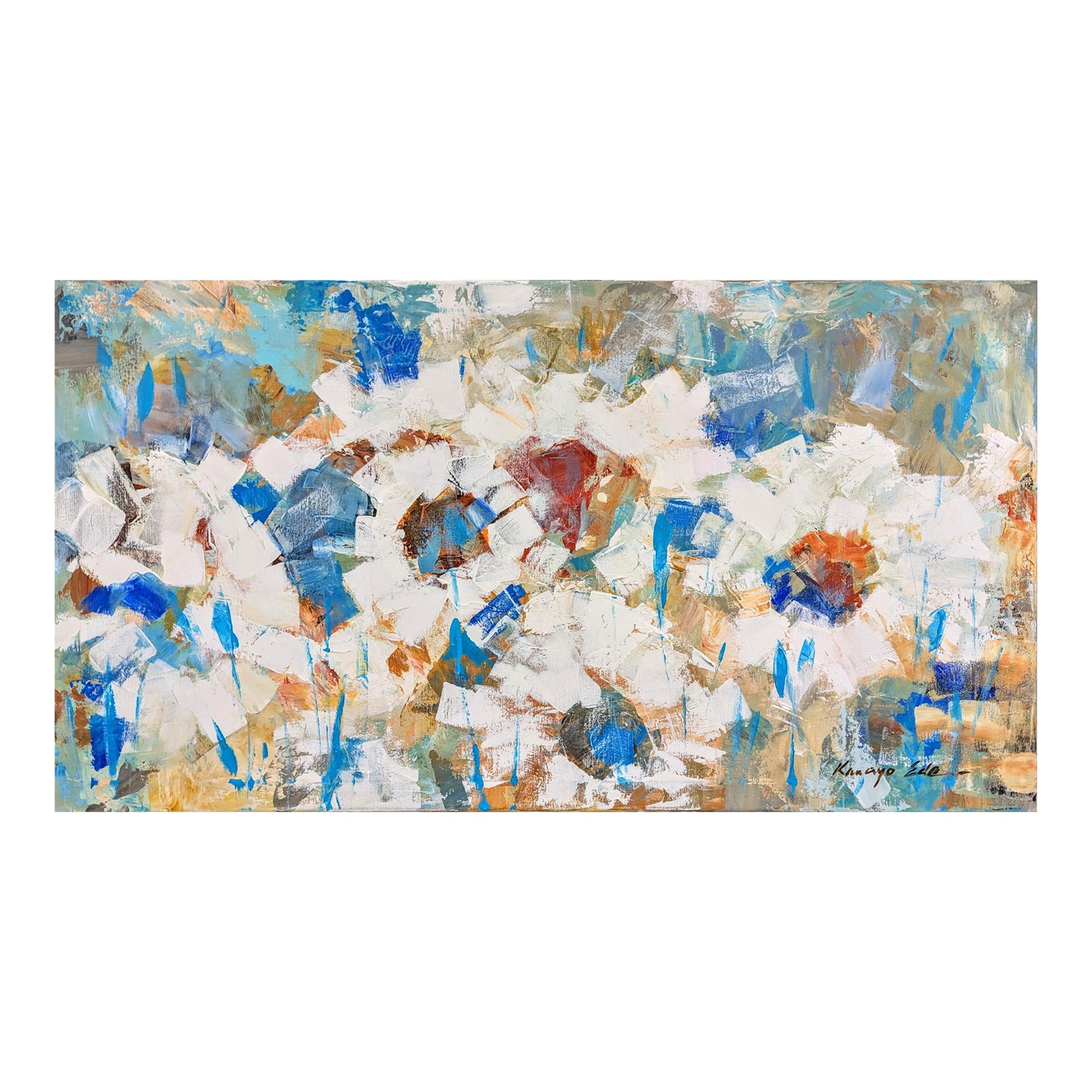 Original Art Abstract White Flowers on Powder Blue Light Green Earth ...