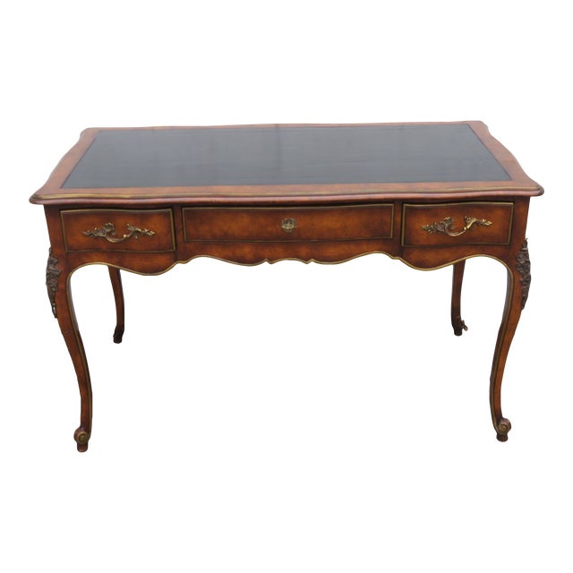 French Carved Leather Top Partner Writing Office Desk | Chairish
