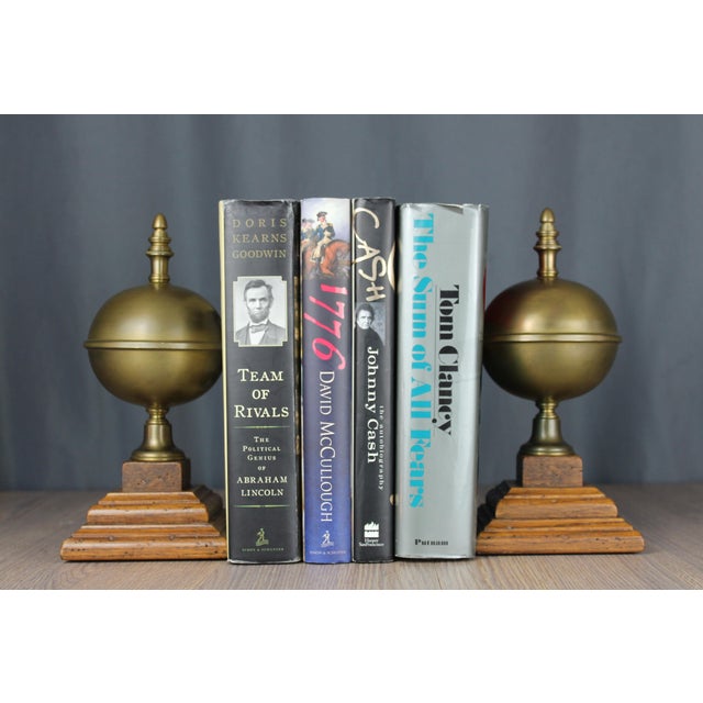 1980s Brass Sphere & Finial Bookends on Faux Wormwood Oak Base- Set of ...