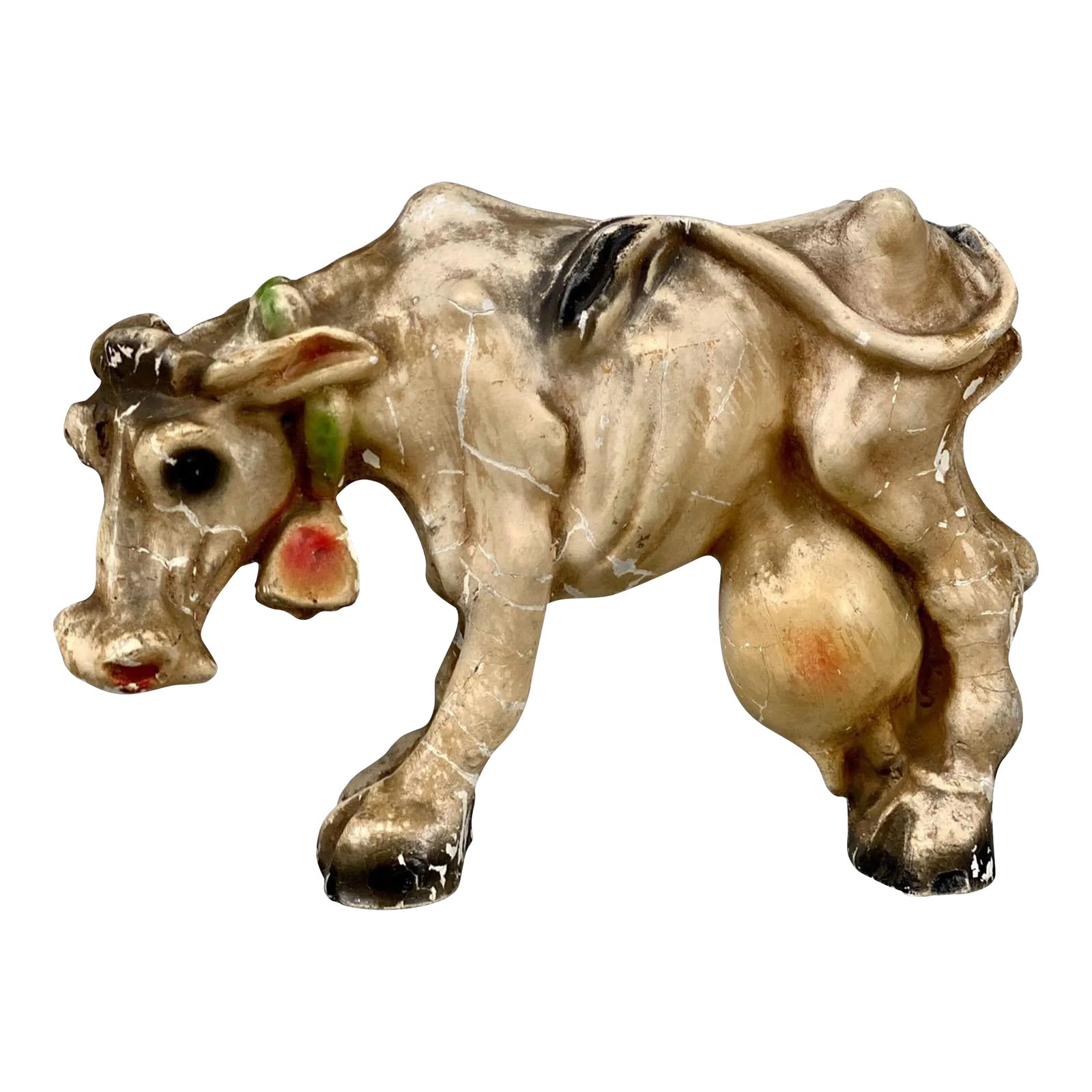 Vintage Traditional Farmhouse Chalkware Milking Cow Sculpture | Chairish