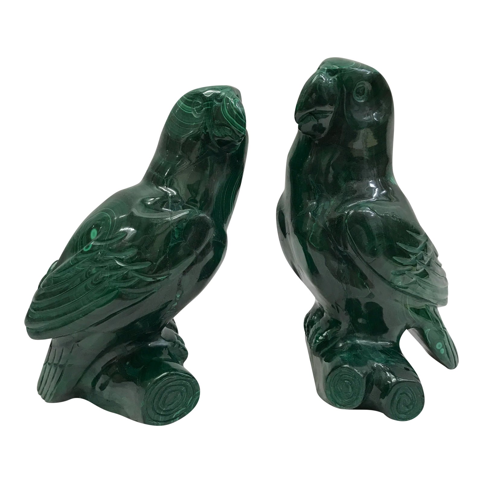Carved Solid Malachite Stones of Parrot - A Pair | Chairish