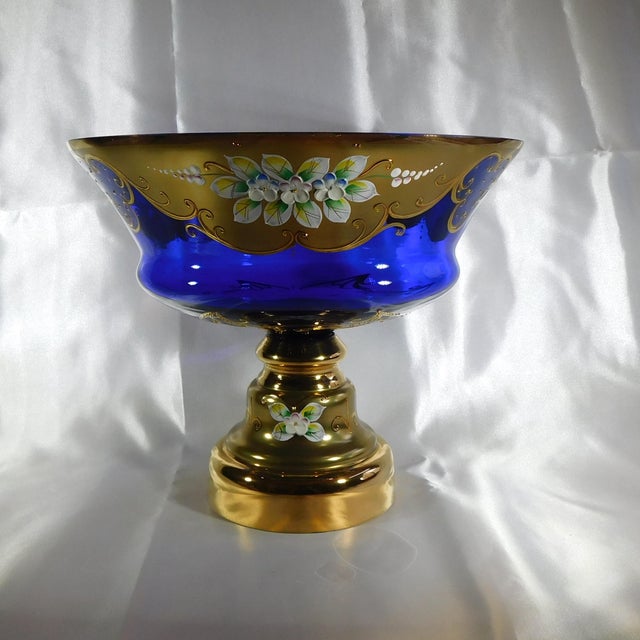 1930s Very Large Footed Blue Bowl With Gold Trim and Dimensional ...