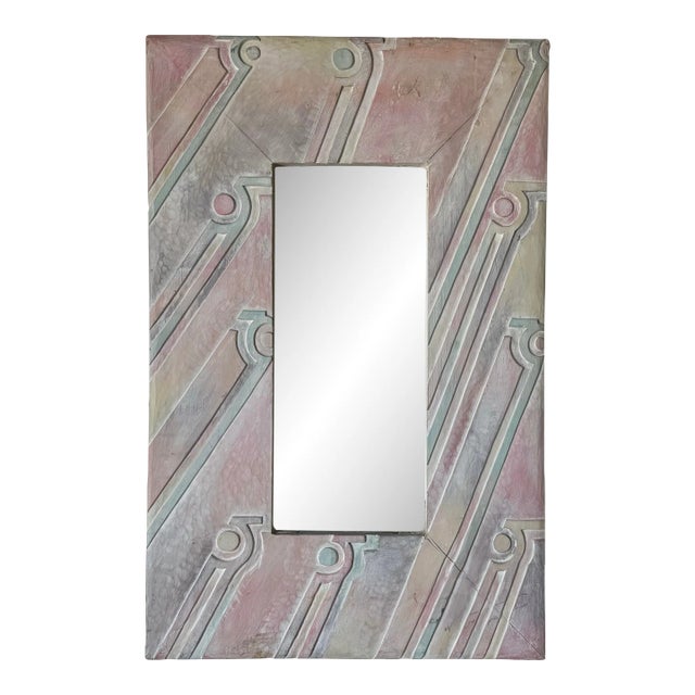 80's Postmodern Hand Carved Wood Geometric Pattern Wall Mirror | Chairish