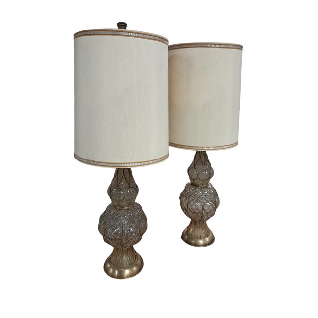 Pair of Vintage Italian Murano Bubble Glass Lamps With Original Shades ...