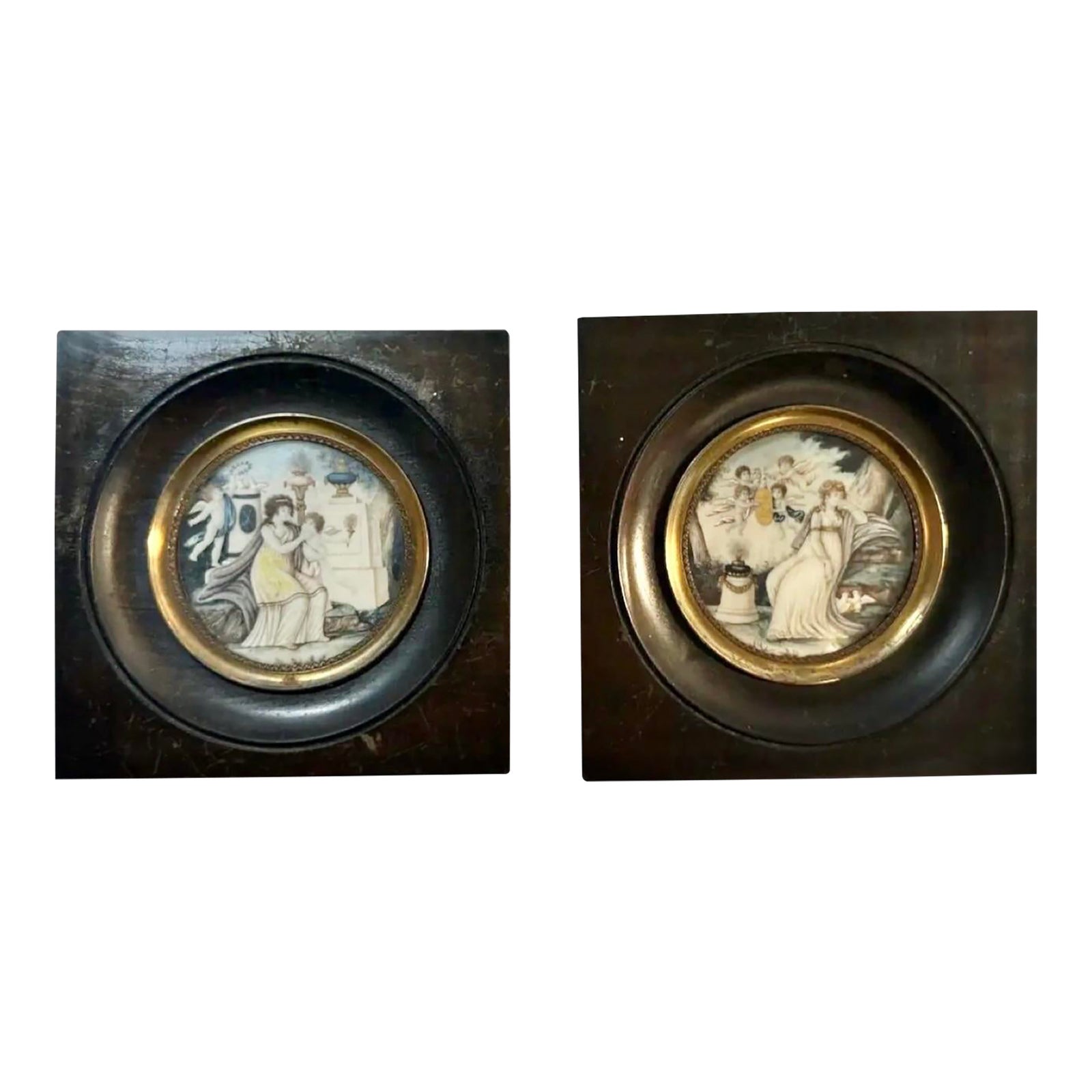 19th Century Neoclassical Miniature Painting Pair in Original Ebonized ...