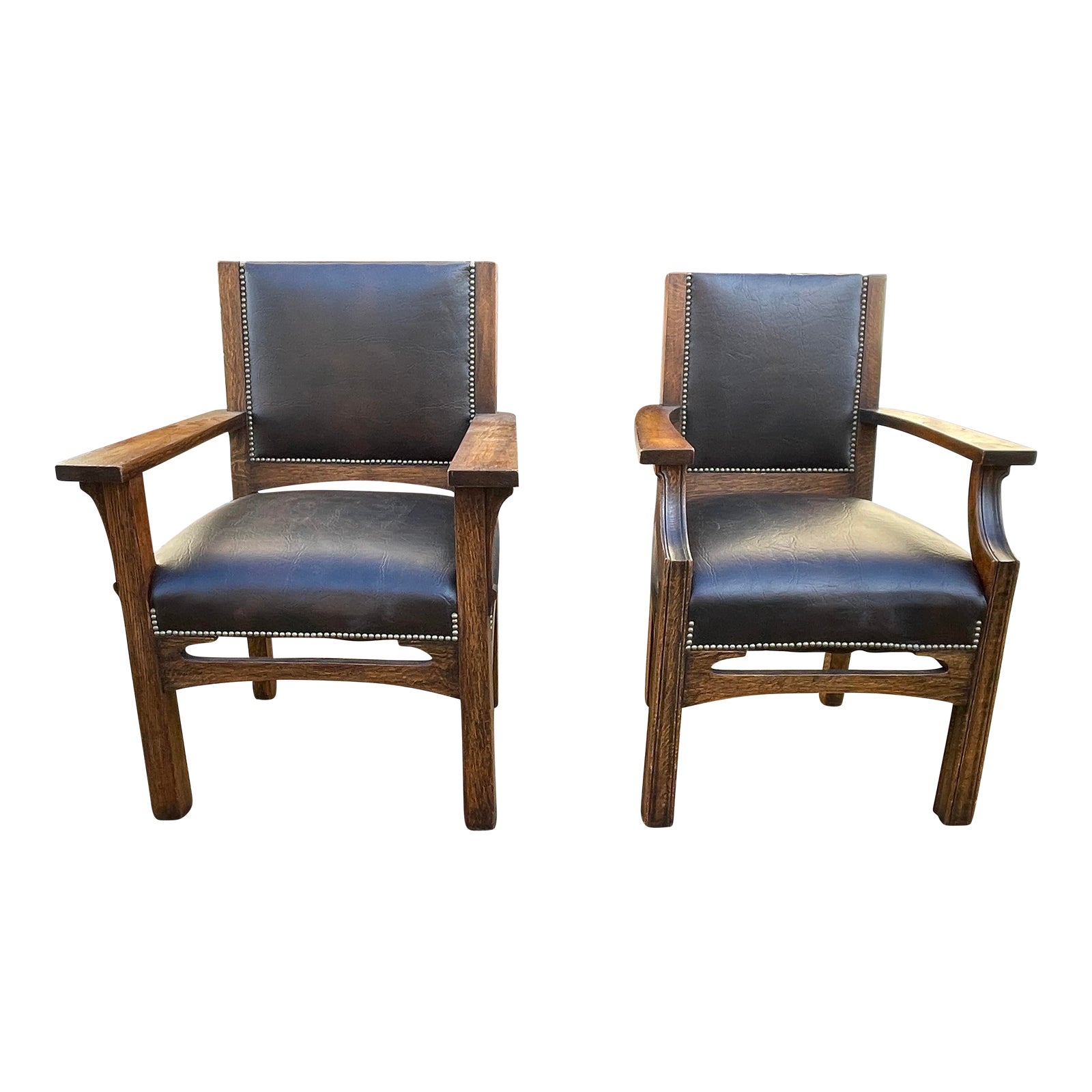 Arts Crafts Sytle Lounge Chairs a Pair Leather Oak | Chairish