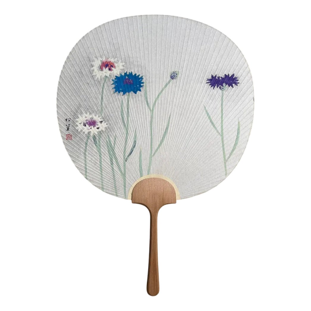 Japanese Uchiwa Hand Fan with Cornflowers, 1970s | Chairish