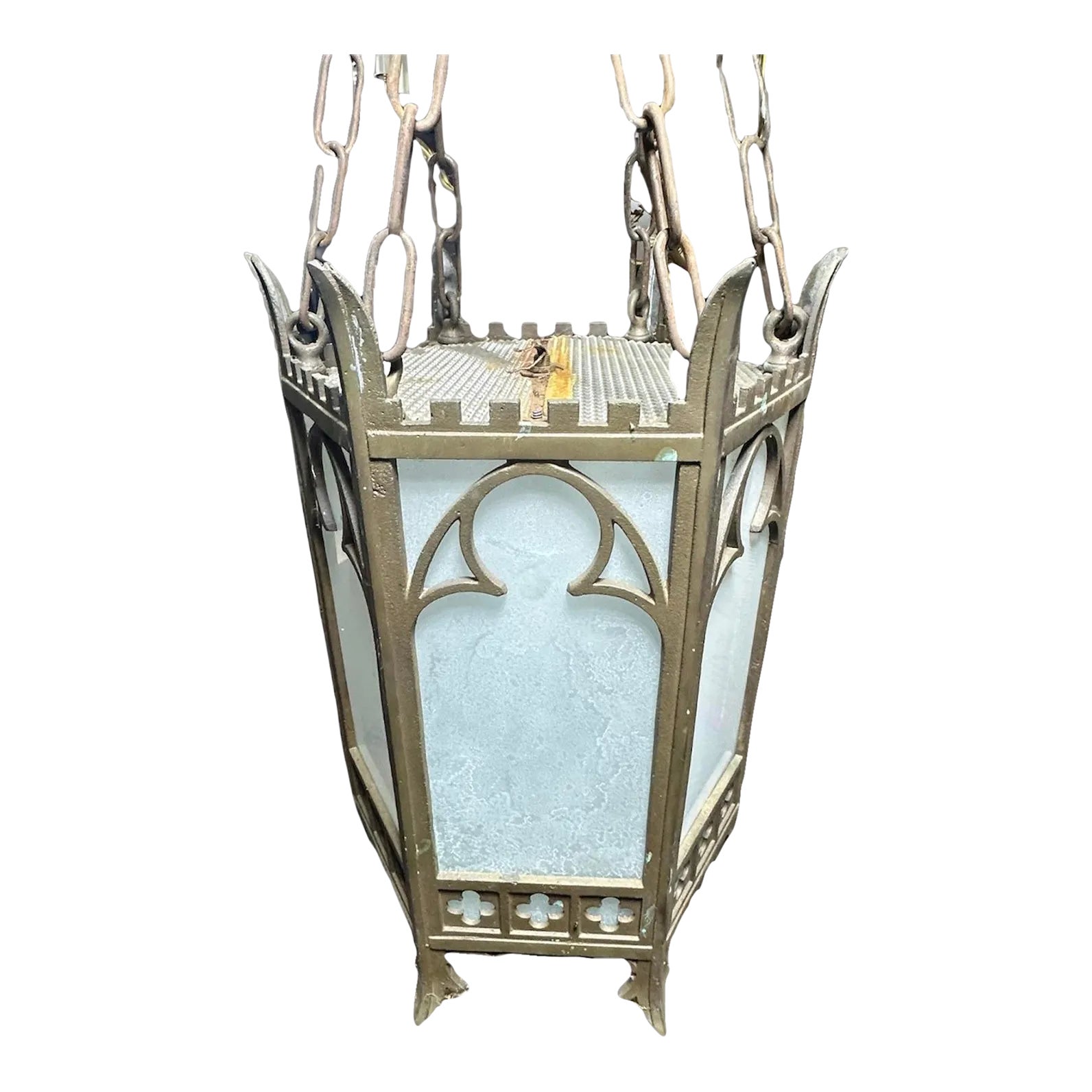 Vintage Cast Metal Gothic Hanging Light Fixture With Glass Panels ...