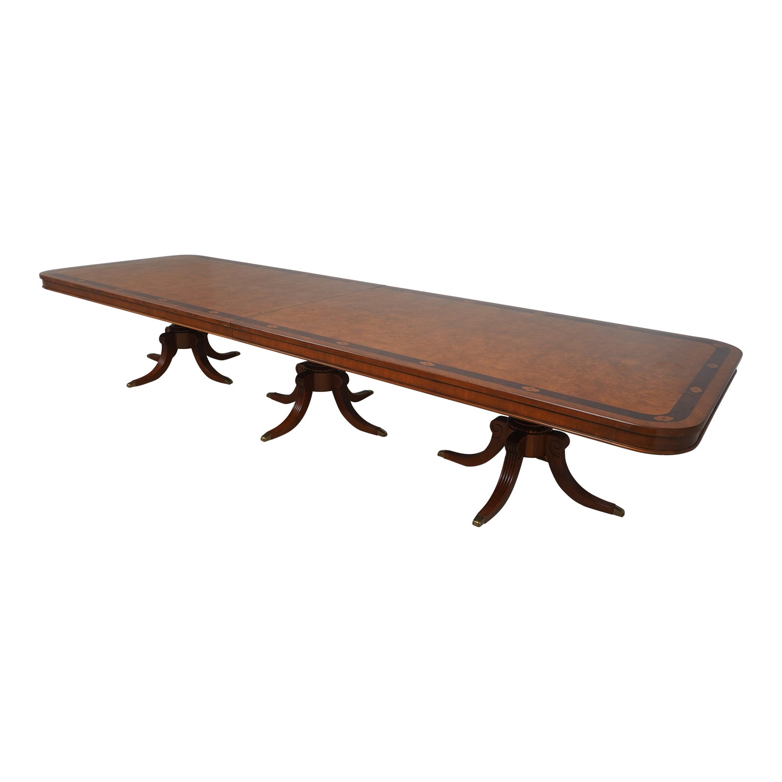 Italian Continental Inlaid Walnut Triple Pedestal Dining Room Table ...
