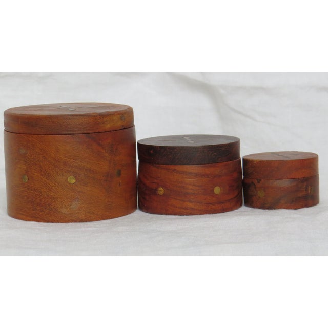Vintage Mini Round Wooden Nesting Boxes With Brass Inlay Set of 3 ...