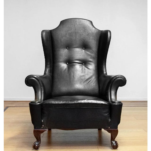 19th Century Black Leather Chippendale Wingback Chair with Claw and ...