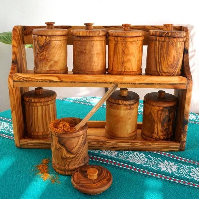 Farmhouse Spice Rack With 8 Natural Wooden Spice Boxes | Chairish