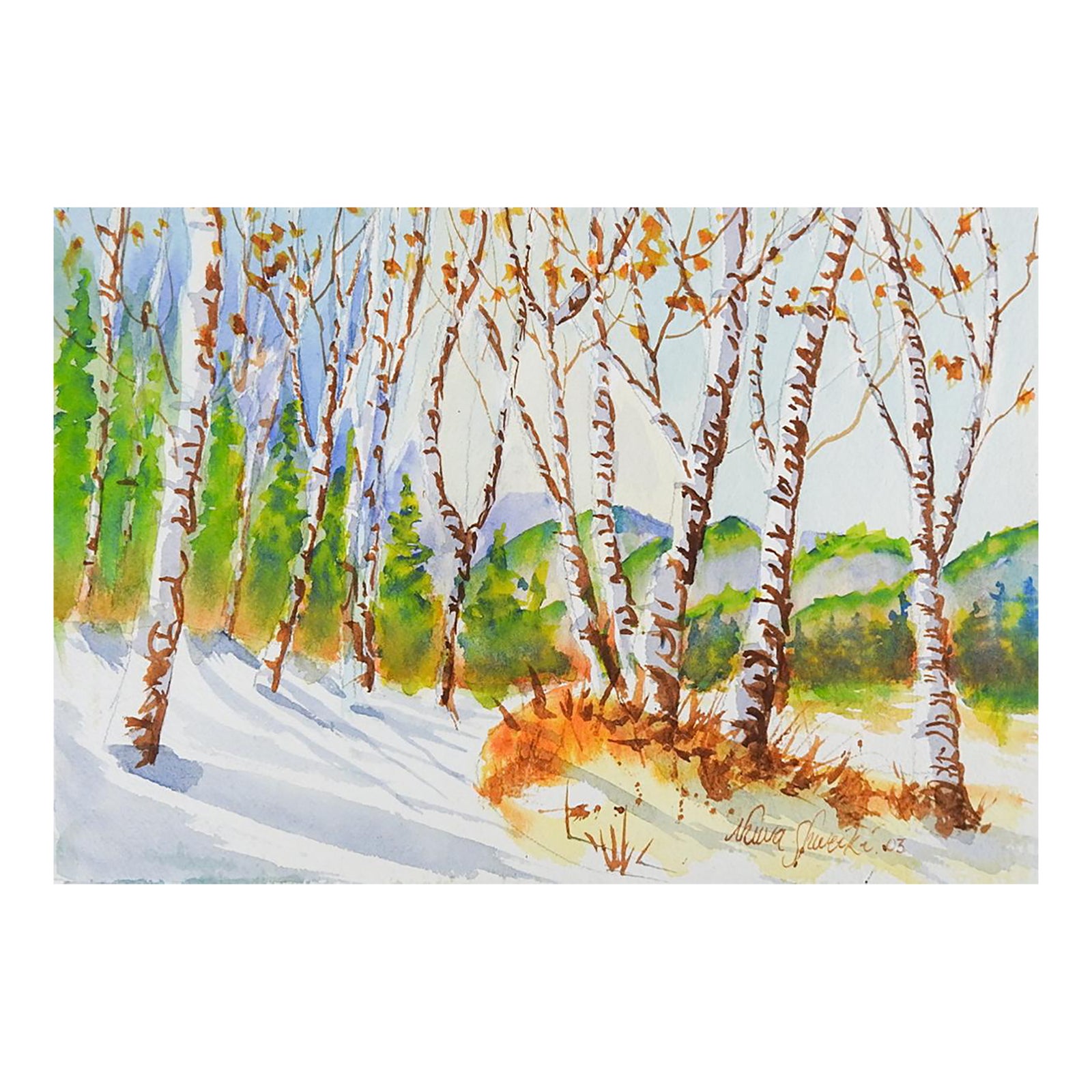Small Modernist Winter Birch Trees Landscape Watercolor Painting | Chairish