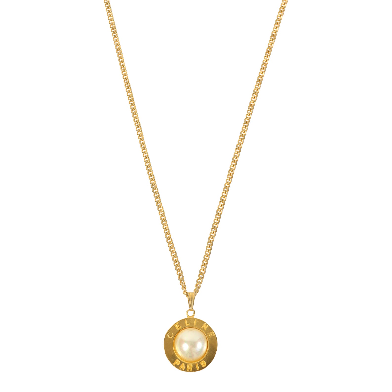 Celine Pearl Circle Logo Plate Necklace Gold/White | Chairish