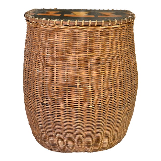 Vintage Rustic Wicker Hamper Basket With Hand Painted Forest Theme Lid ...