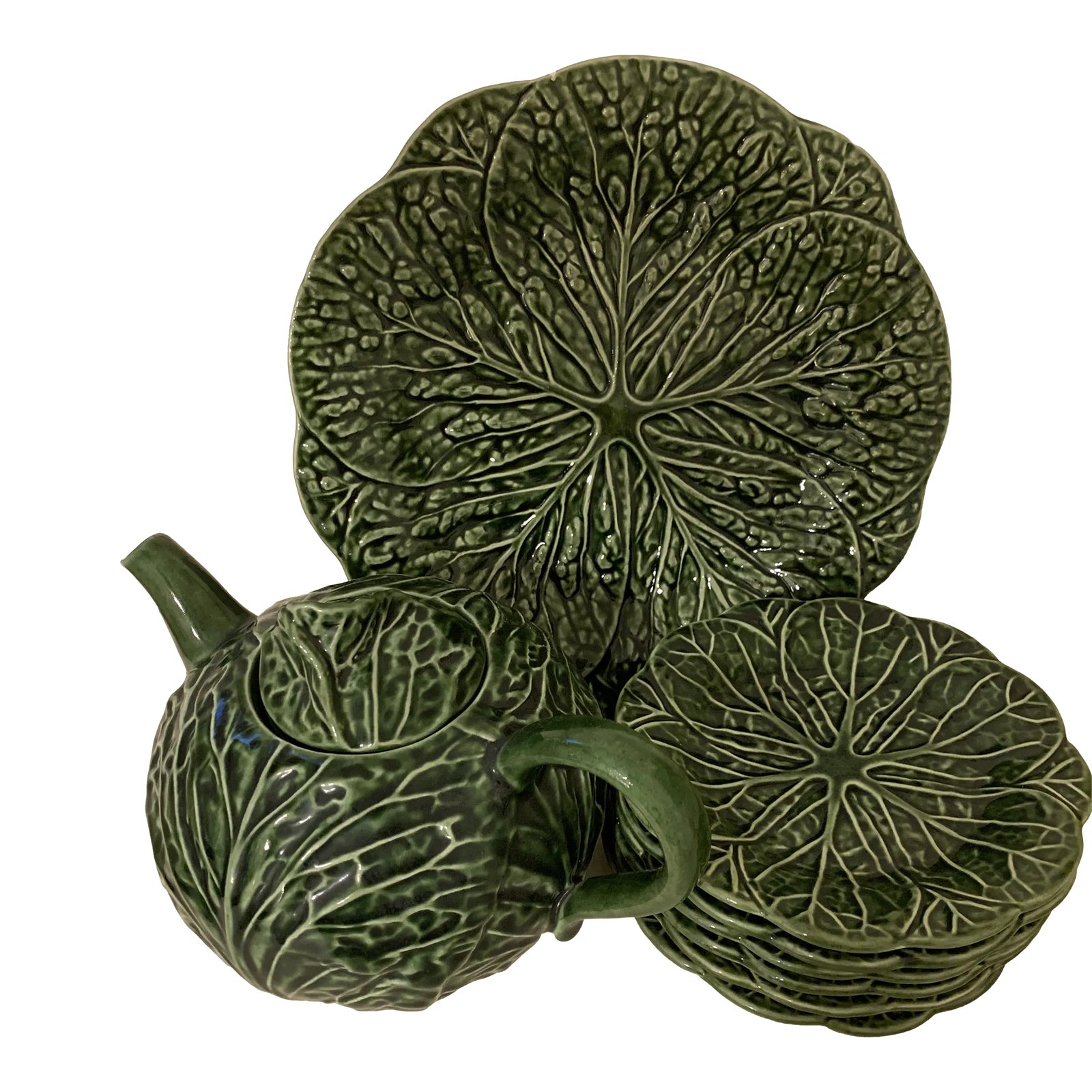 Vintage Cabbage Leaf Tea Pot & Platters - Set of 8 | Chairish