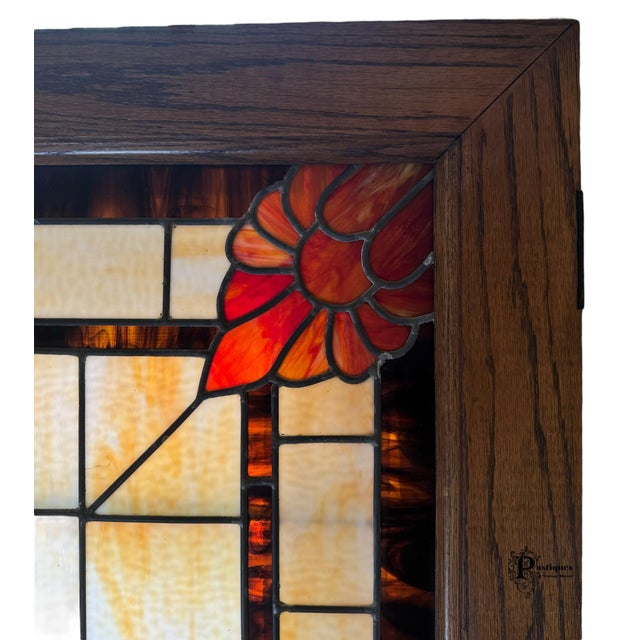 Vintage Gothic Style Leaded Stained Glass Oak Trim Panel | Chairish