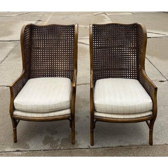 Pair of Vintage Boho Chic Double Cane Wing Chairs | Chairish