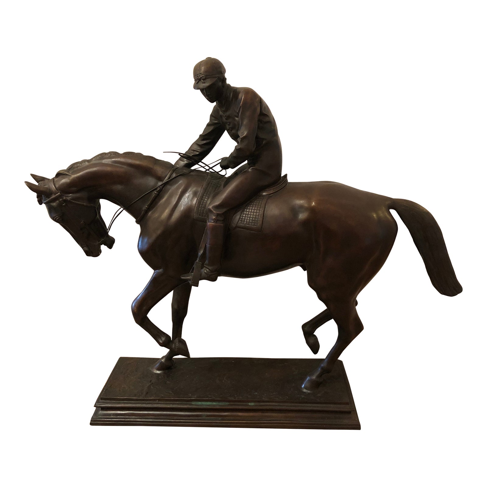Very Large Bronze Finish Horse & Rider Sculpture | Chairish