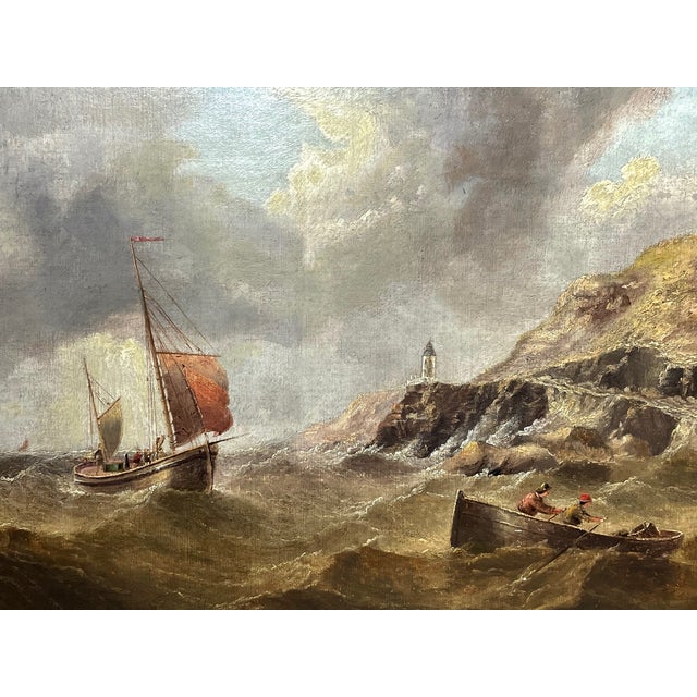 Traditional British 19th Century Oil Painting Fishing Boat Rough Choppy Seas by Henry Moore Ra ...