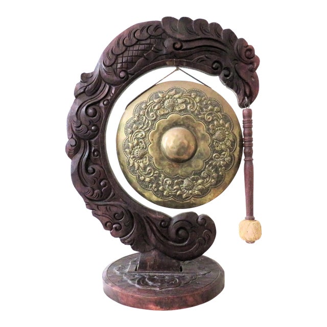 16" Antique Chinese Carved Rosewood Dragon With Brass Gong & Mallet ...