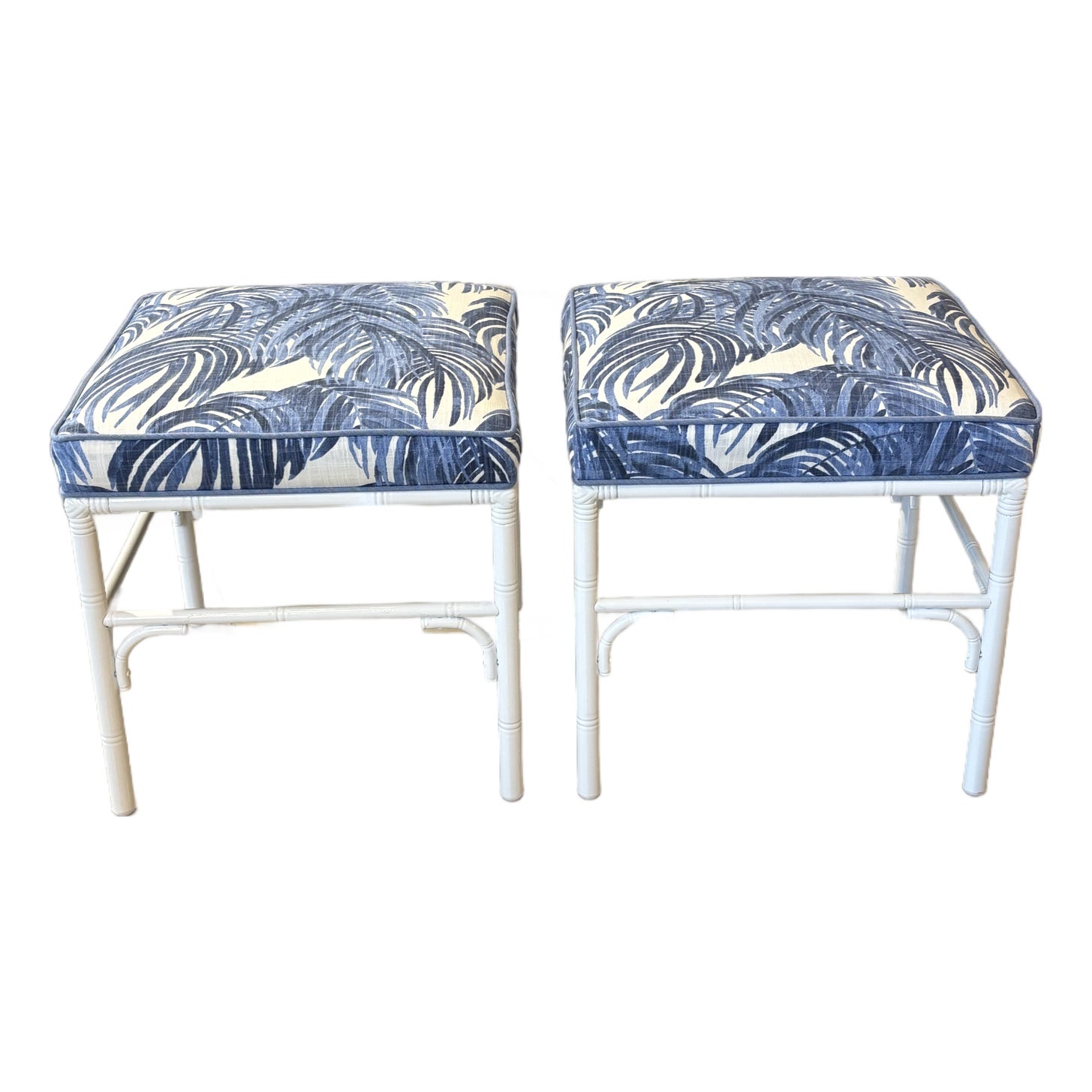 Vintage Pair Faux Bamboo Metal Benches Ottomans Stools Blue & White ...