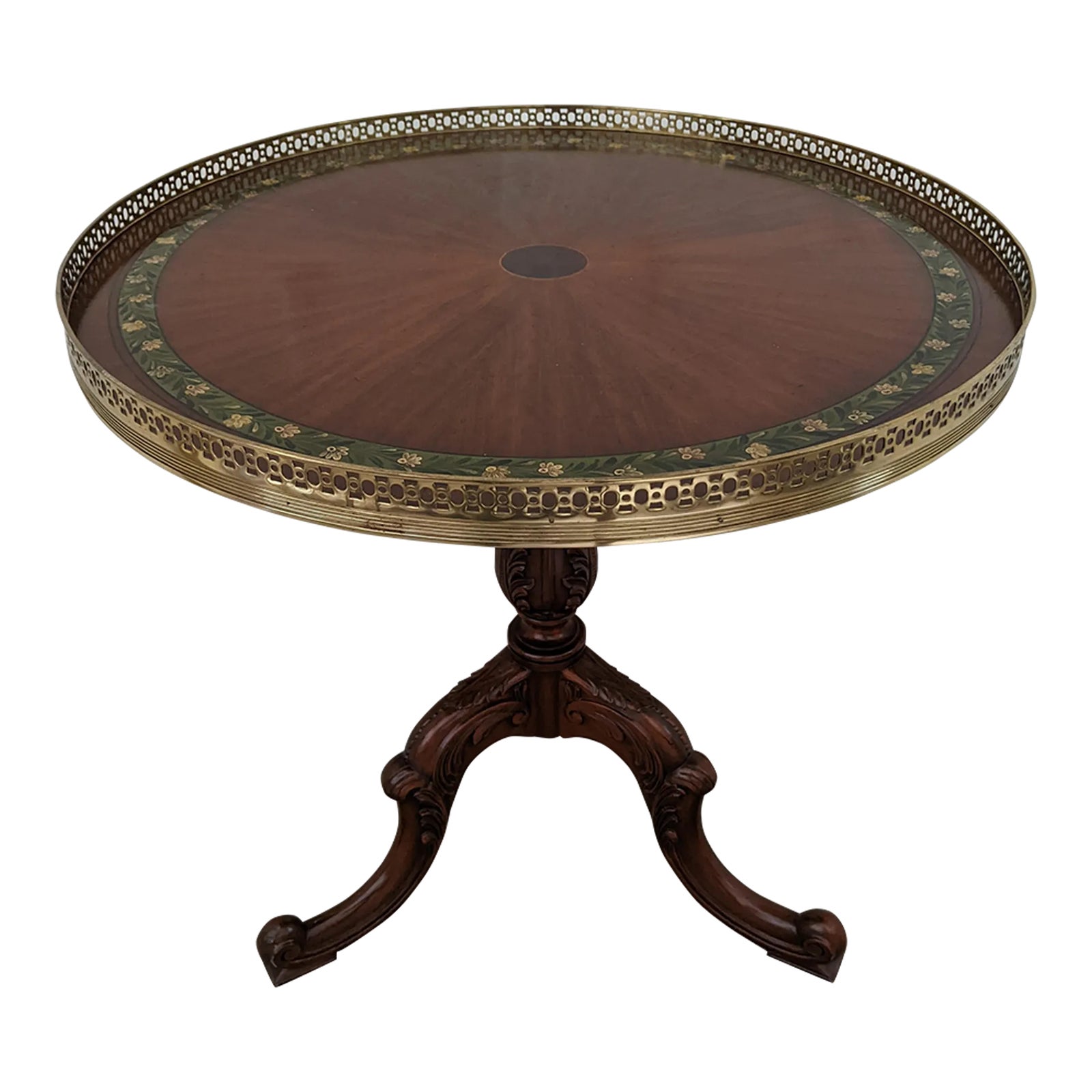 1990s Maitland-Smith Round Table With Inlaid Top, Brass Rail & Carved ...