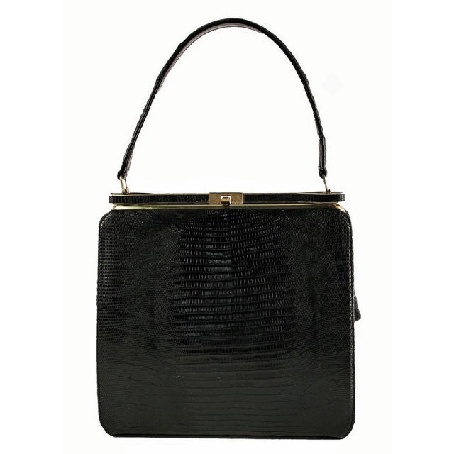 Vintage Black Structured Genuine Lizard Kelly Purse | Chairish