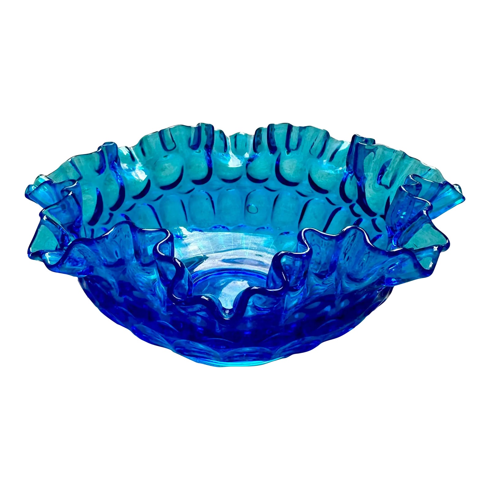 1970s Fenton Glass Colonial Blue Thumb Print Double Crimp Bonbon Bowl ...