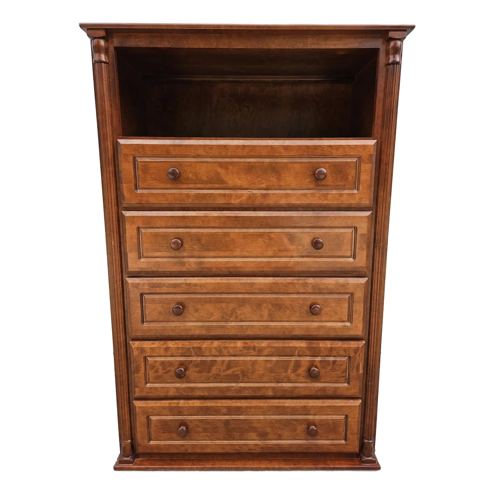 Tall Five Drawer Dresser With Shelf and Open Storage | Chairish