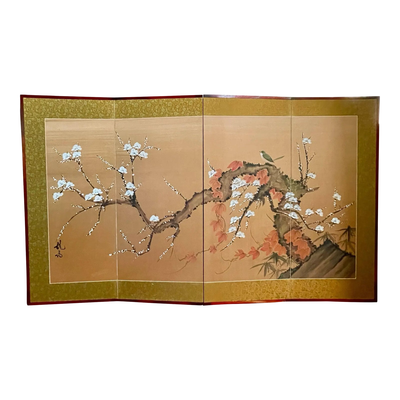 Vintage Japanese Byōbu Four Panel Silk Screen Featuring Sakura Cherry ...