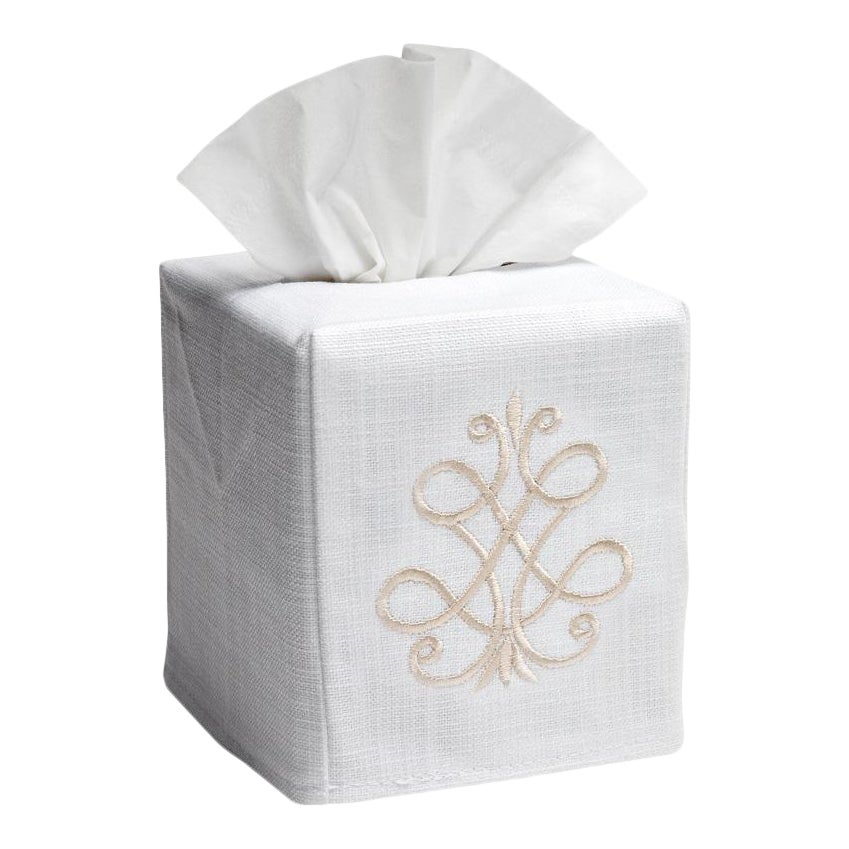 Beige French Scroll Tissue Box Cover in White Linen & Cotton ...