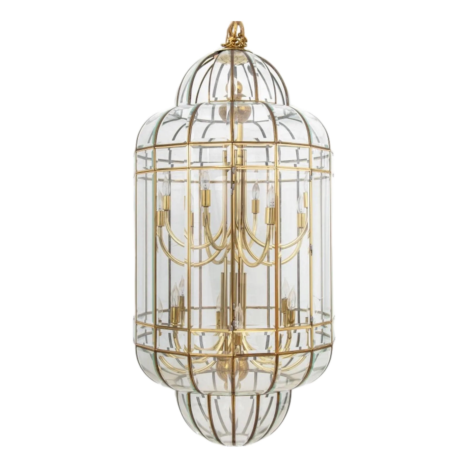 Gilt Brass and Glass Cage Two-Tier Chandelier | Chairish