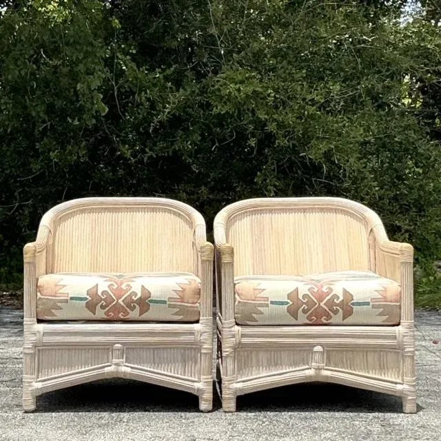 Vintage Coastal Washed Pencil Reed Lounge Chairs - a Pair | Chairish