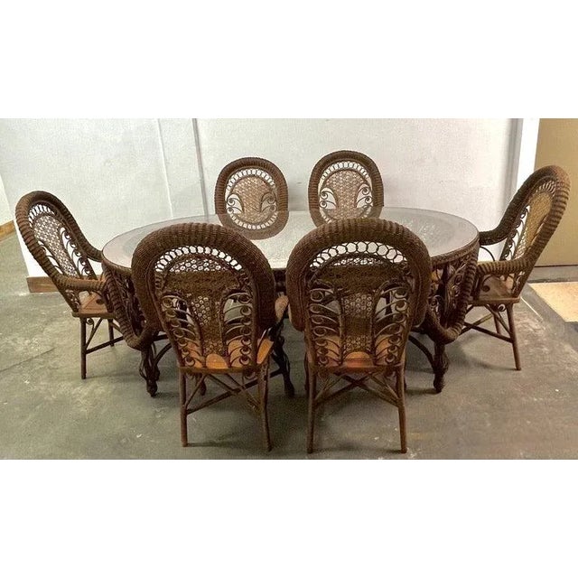 Wicker Dining Room Table with 6 Wicker Chairs - Set of 7 | Chairish