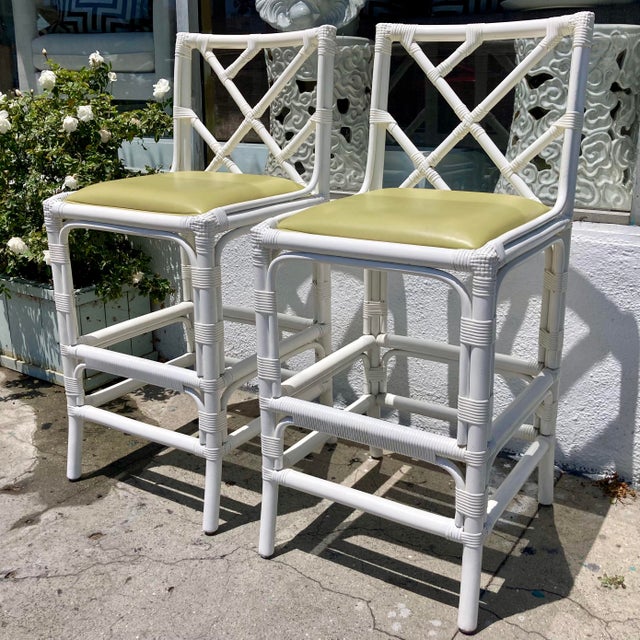 Boho Chic Rattan Chippendale Counter Stools - a Pair | Chairish