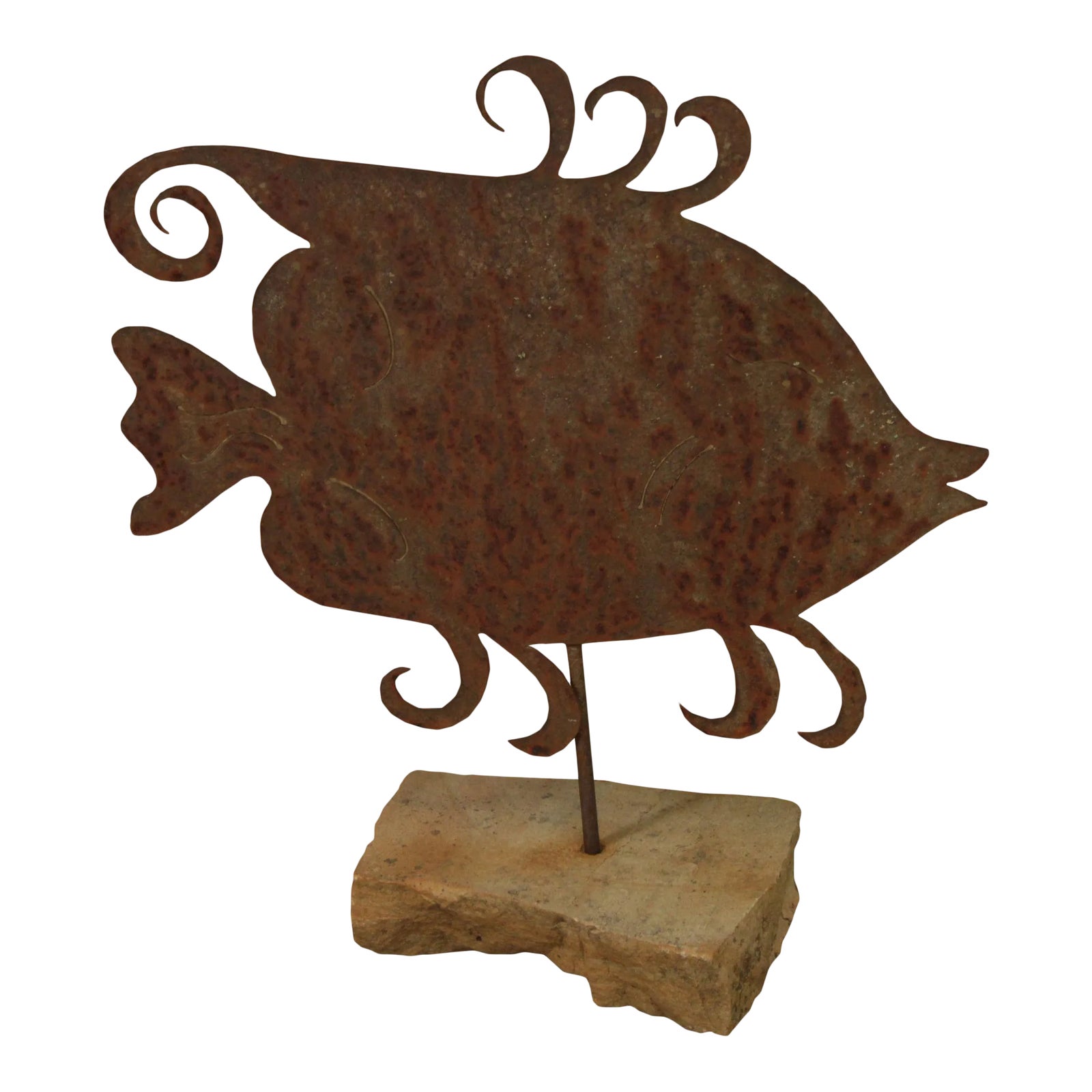Mid Century Steel Garden Sculpture of Fish on Stone Base | Chairish