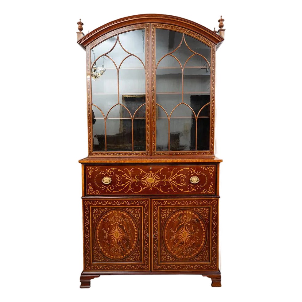 English Sideboard Bookcase in Mahogany Feather with Maple Inlay Grafts ...