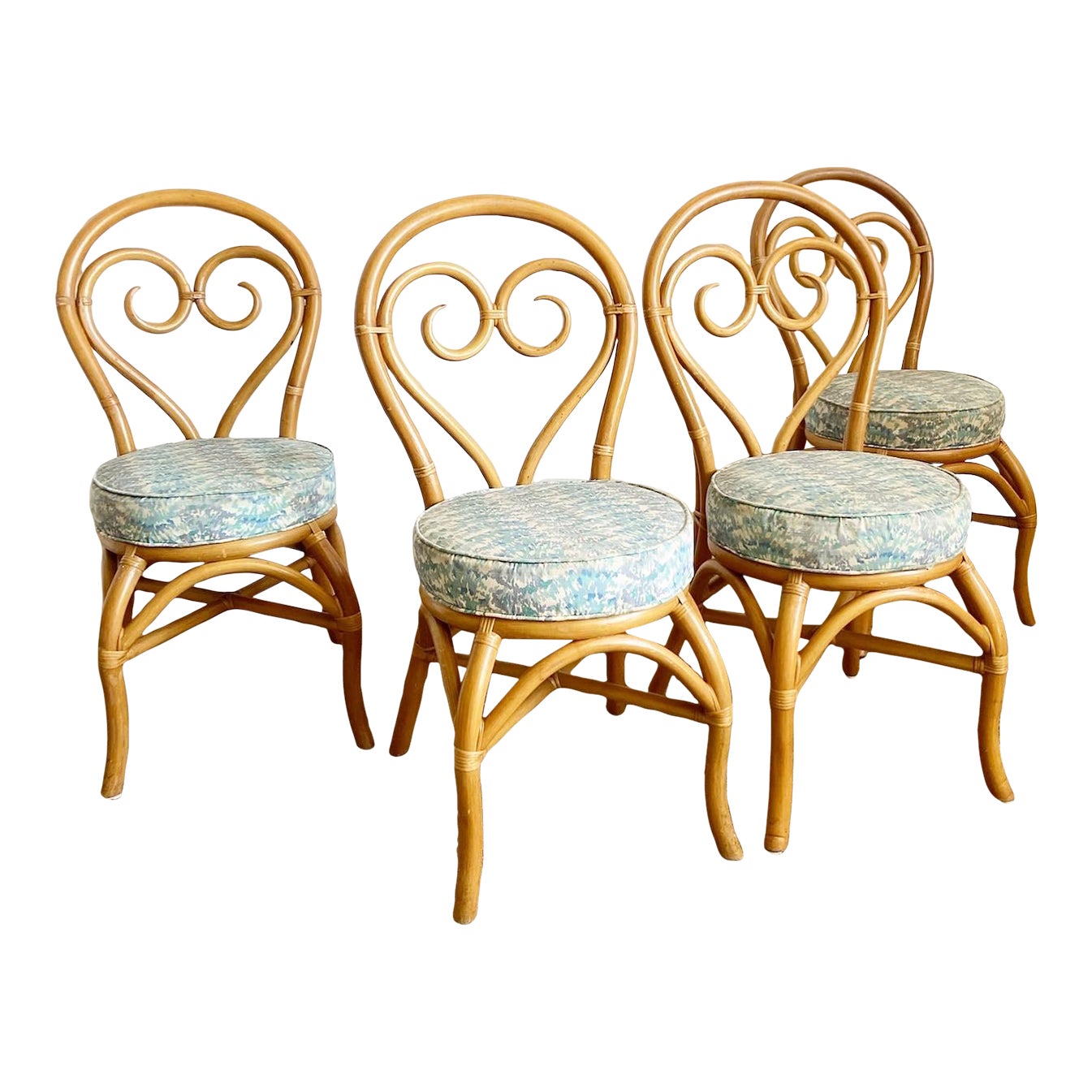 Boho Chic Bent Bamboo Rattan Heart Back Dining Chairs - Set of 4 | Chairish