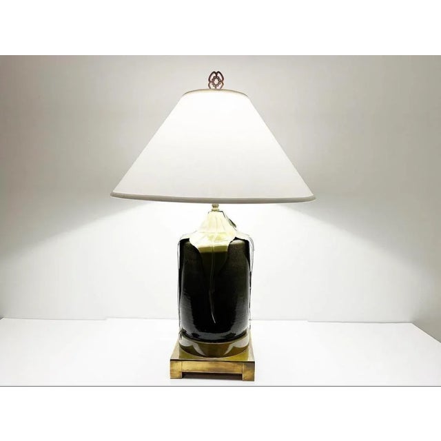 1970s Oversize Chocolate Ceramic & Brass Leaves Lamp & Shade | Chairish