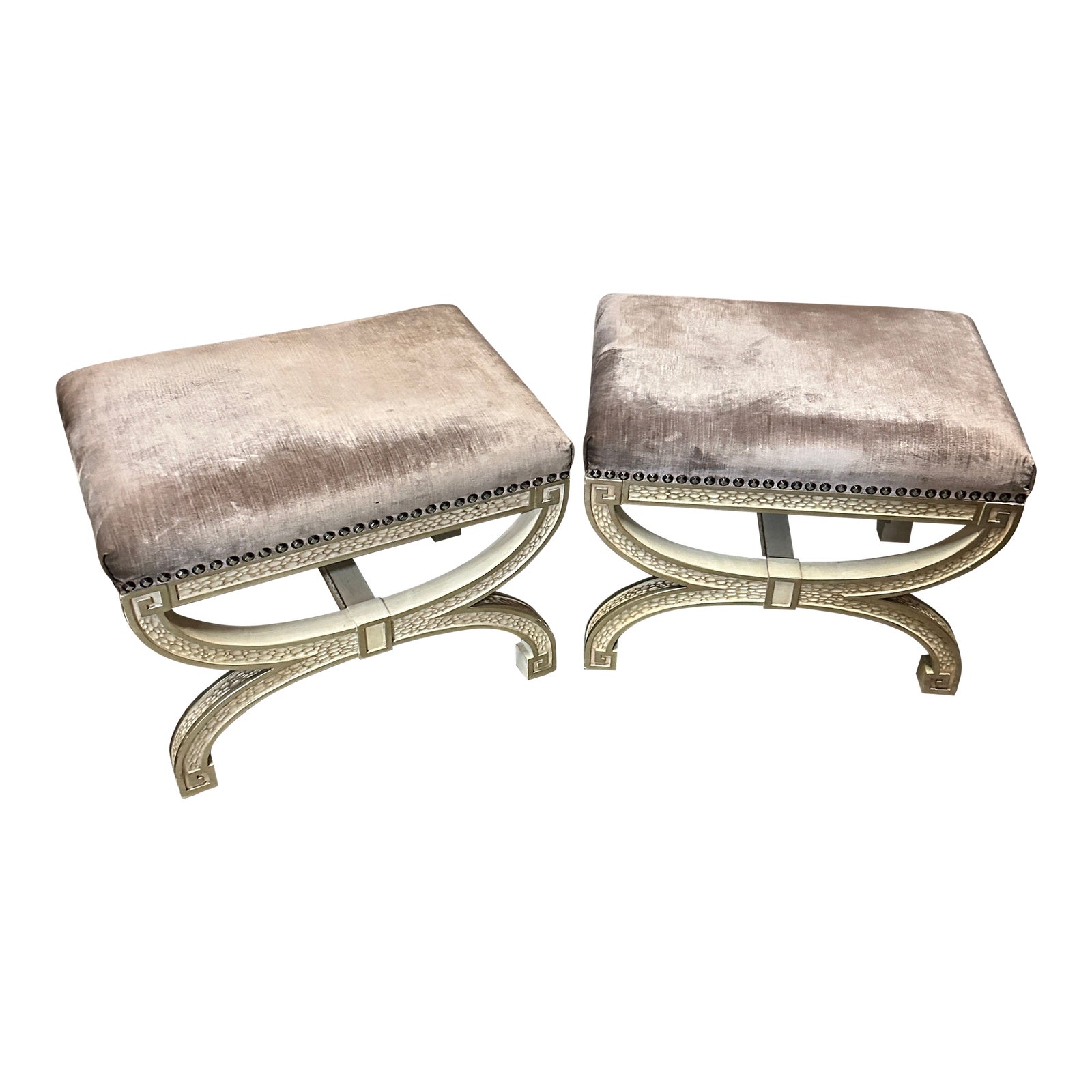 1970s Pair of X Base Gray Velvet Ottomans | Chairish