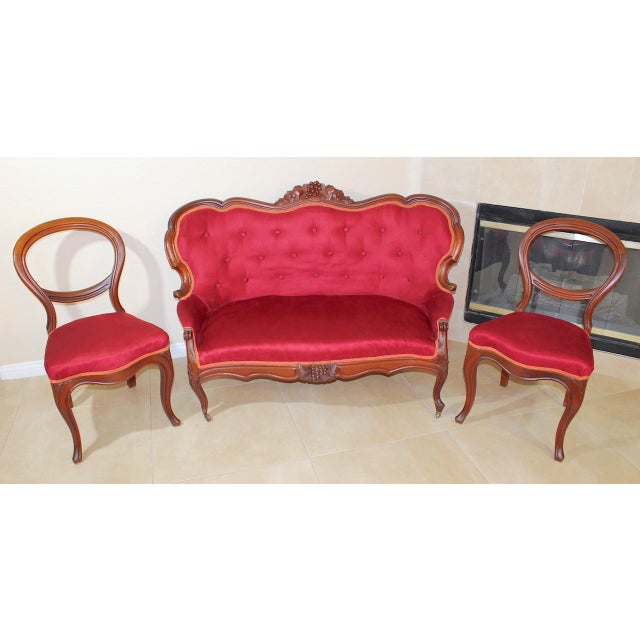Circa 1867 Antique Burgundy Victorian Parlor Sofa Set with Hand-Carved ...