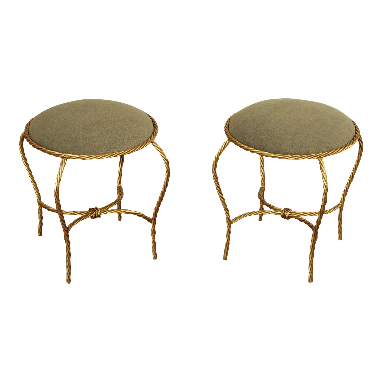 Italian Hollywood Regency Gilt Rope Twist Stools - A Pair | Chairish