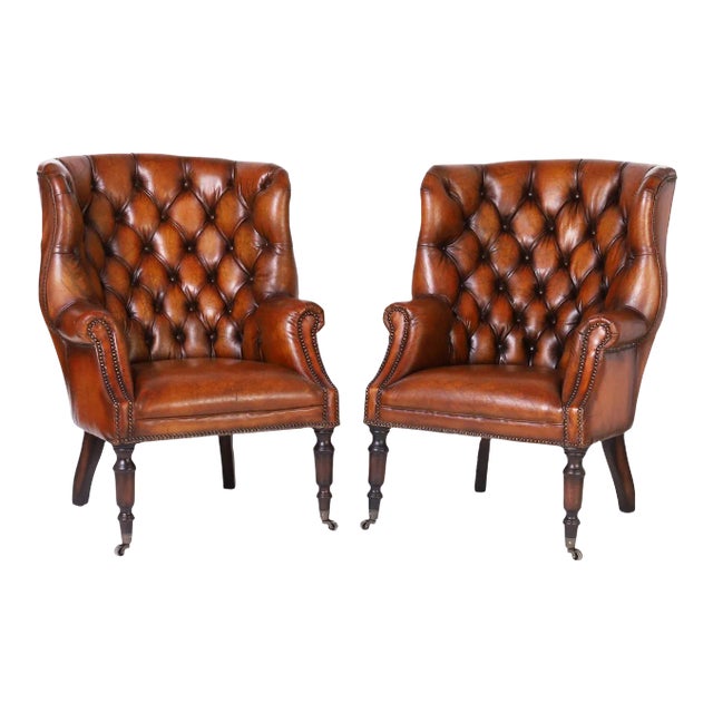 Pair of Leather Button Tufted Wingback British Colonial Style Armchairs ...