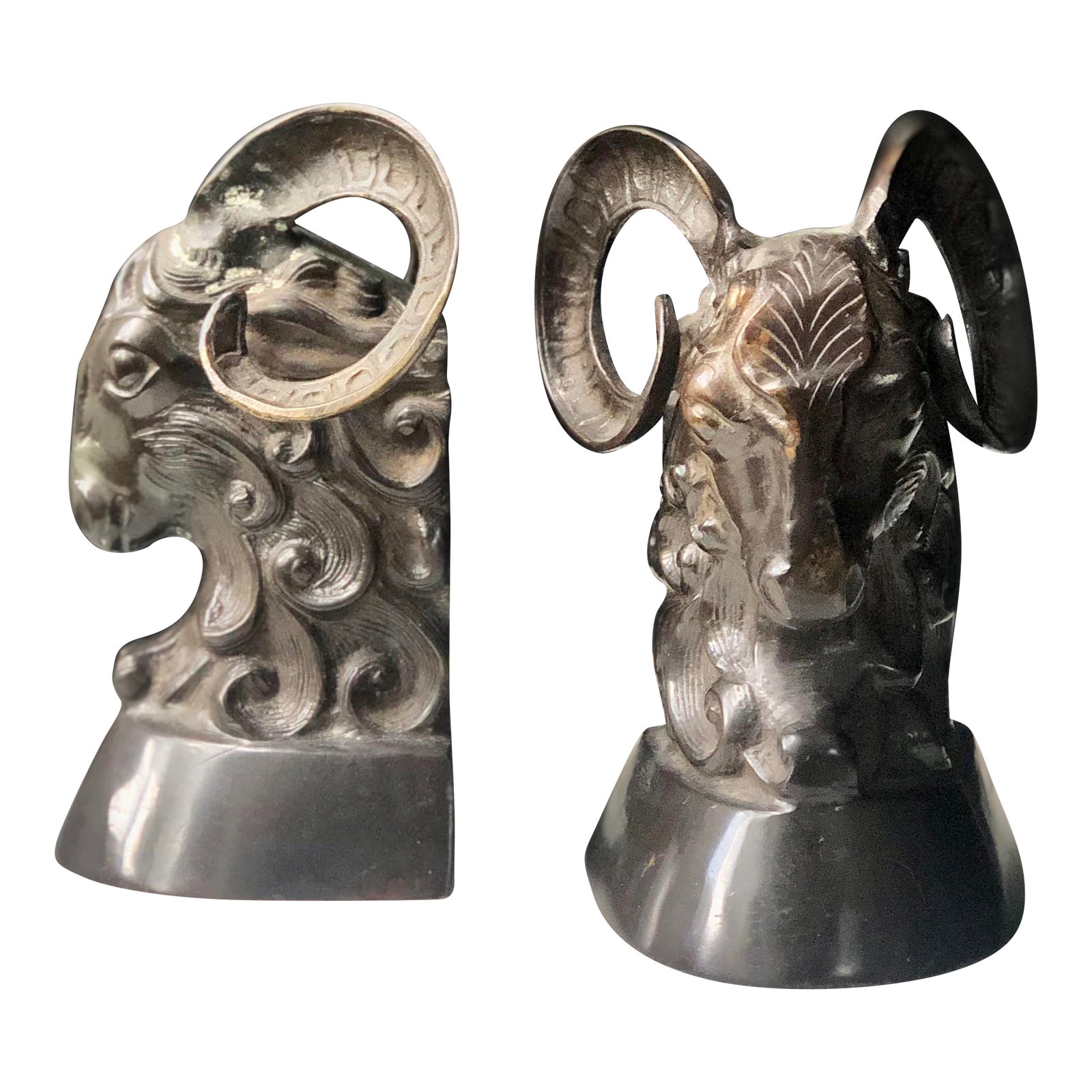 20th Century Hand-Crafted Bronze Ram Bookends - a Pair | Chairish