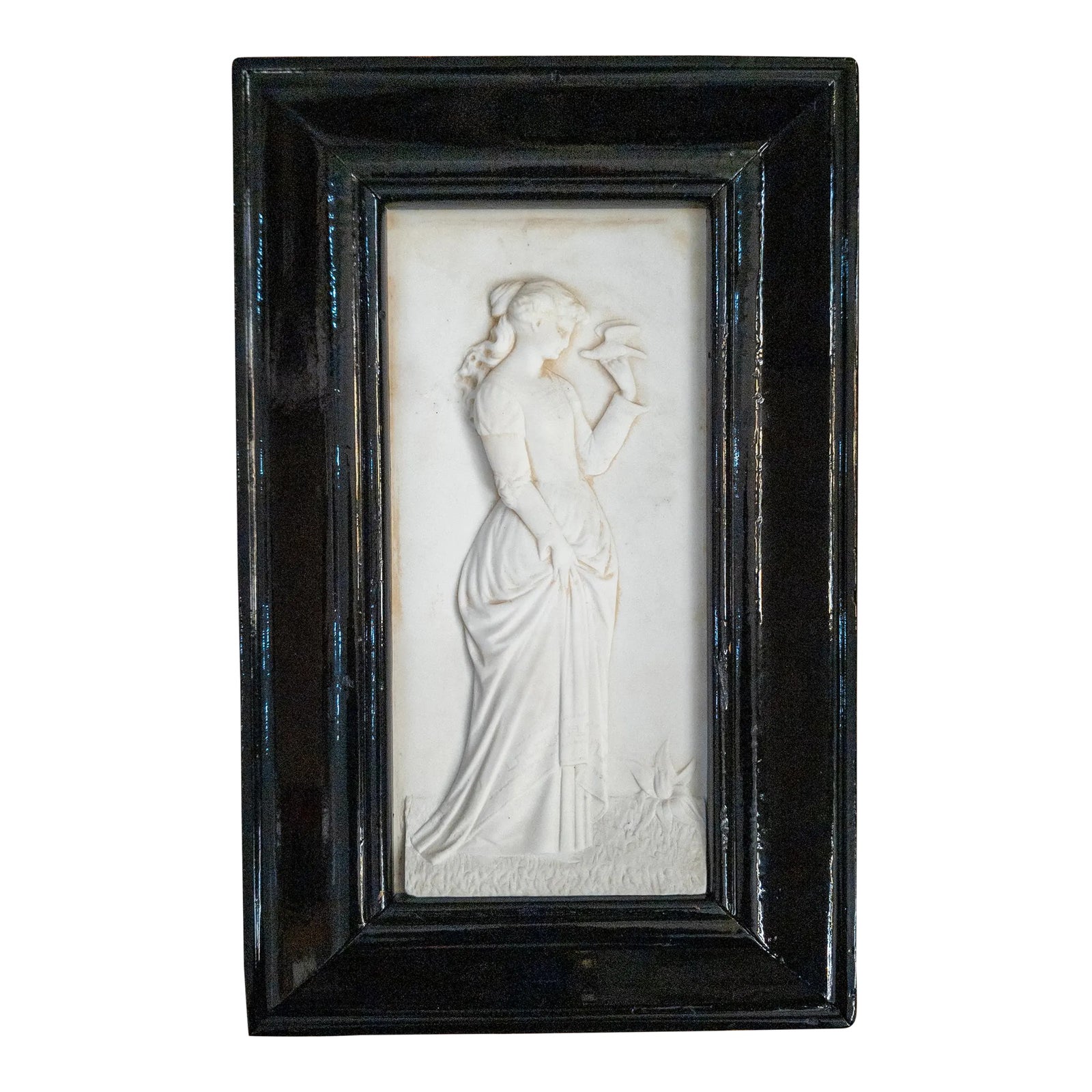 19th Century American Victorian Carved Bas Relief Marble Plaque of Lady ...