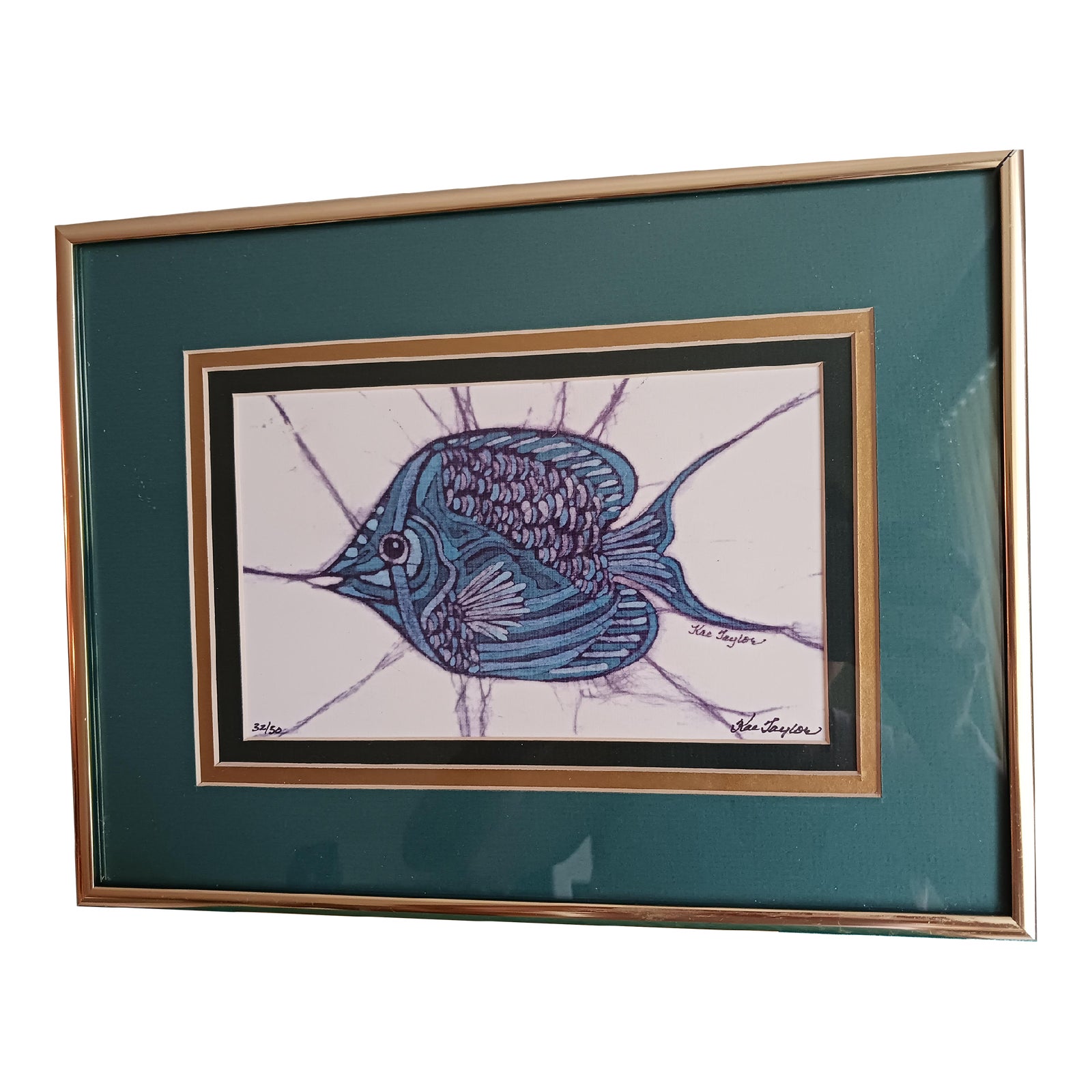 Kae Taylor Turquoise Batik Fish Print, Very Nice Frame #2 | Chairish
