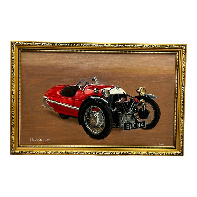 Vintage British Oil Painting of a Red Morgan 1935 V-Twin Three Wheeler ...
