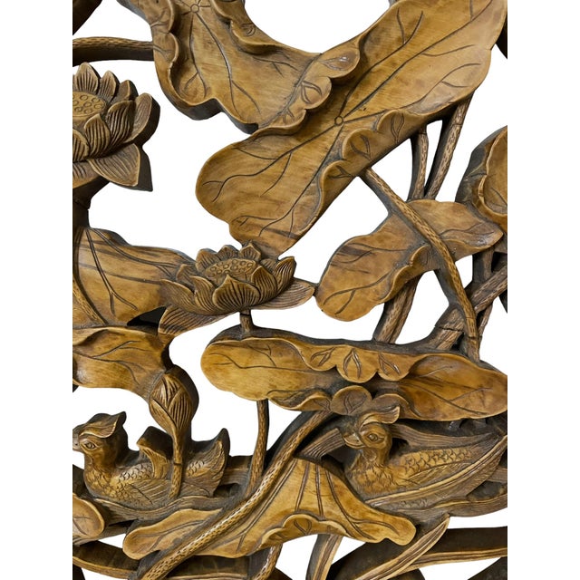 Lotus and Bird Hand-Carved Suar Wood Circular Relief Panel | Chairish