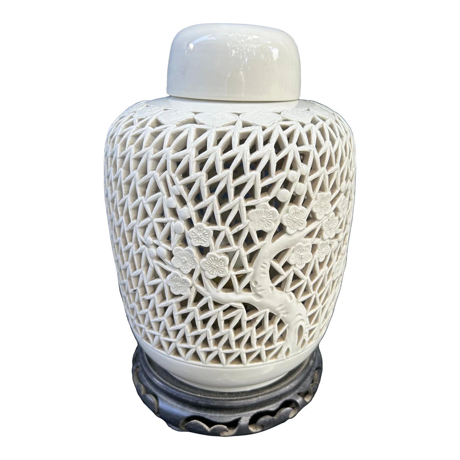 Vintage Asian Porcelain Cut Out Design Table Lamp | Chairish